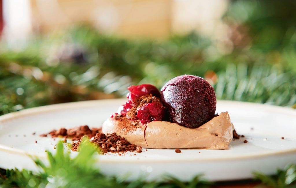Dark chocolate mousse, chocolate cookie crumb, black cherry sorbet ...