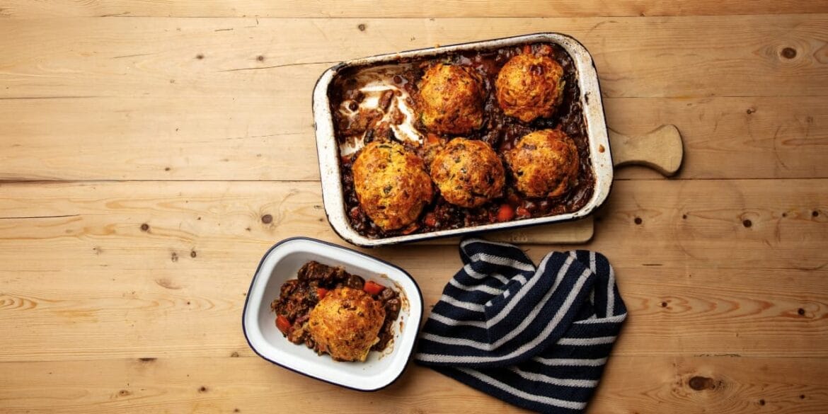 Beef cobbler with cheddar and leek dumplings and Welsh rarebit